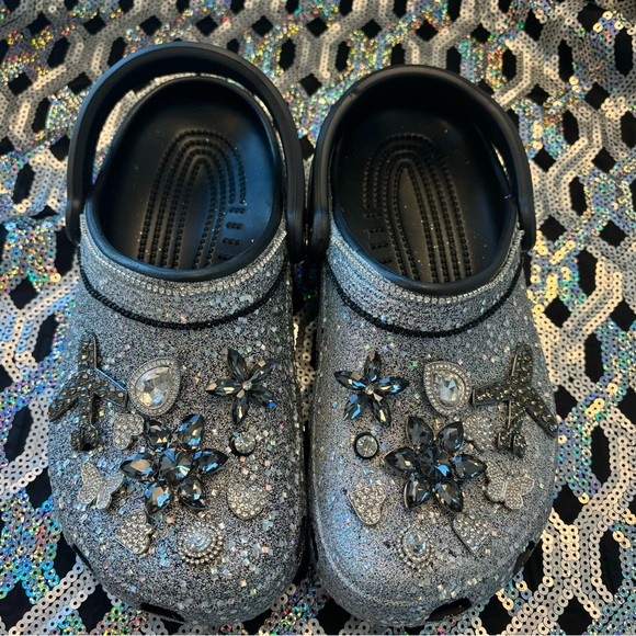 CROCS | Shoes | Custom Black Glitter Croc With Bling Jibbitz | Poshmark